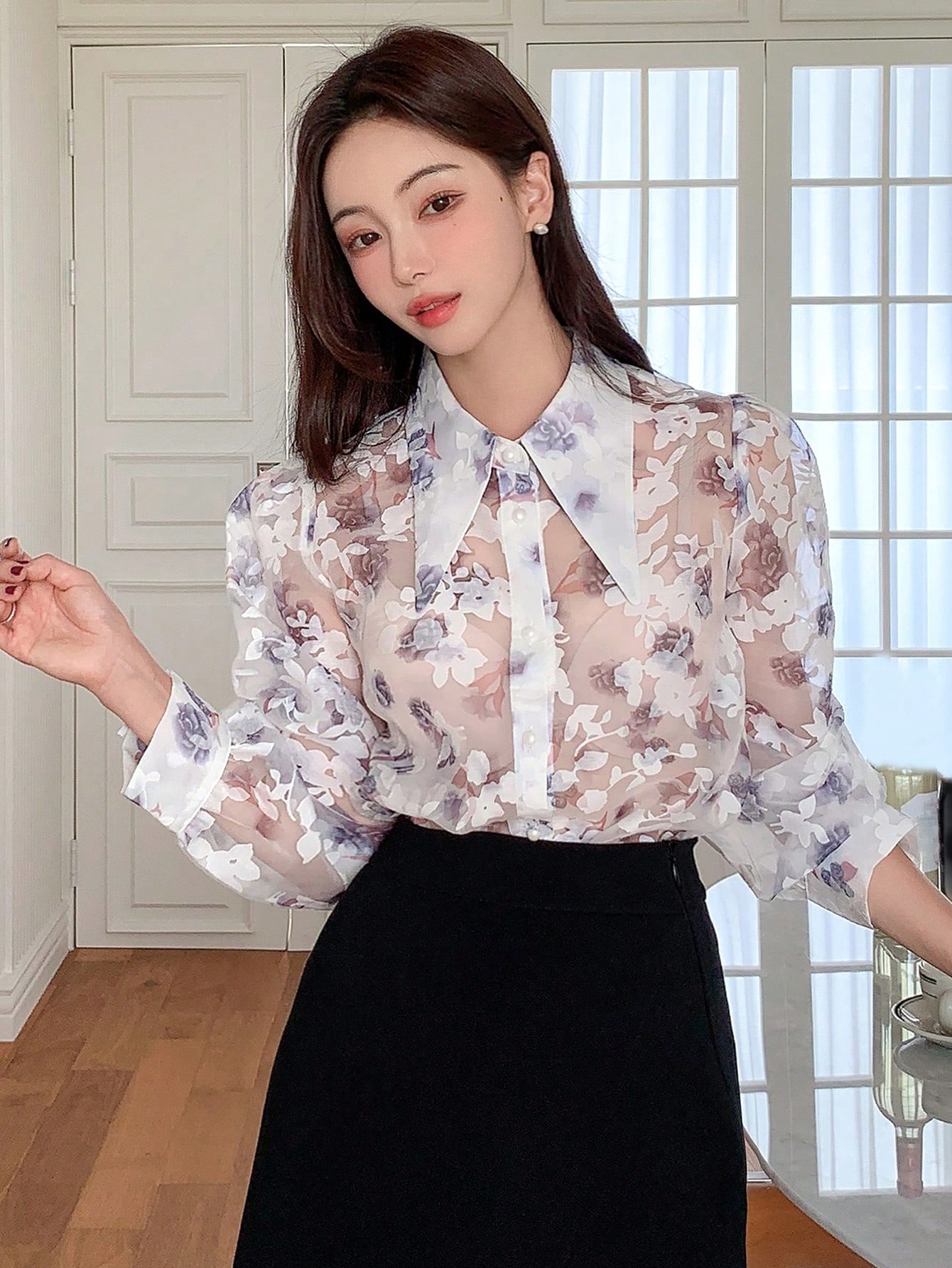 DAZY Floral Print Puff Sleeve Shirt Without Bra | SHEIN USA