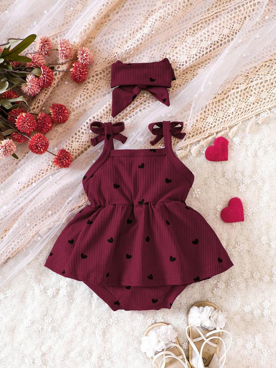 SHEIN Baby Girl Heart Print Bow Shoulder Cami Combo Bodysuit Dress ...