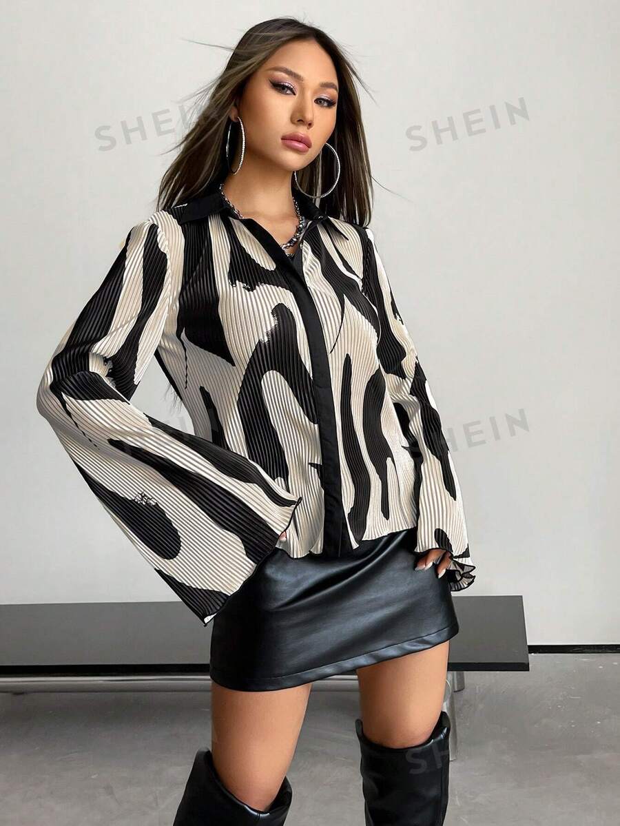 SHEIN ICON Allover Print Flounce Sleeve Spring Shirt | SHEIN USA