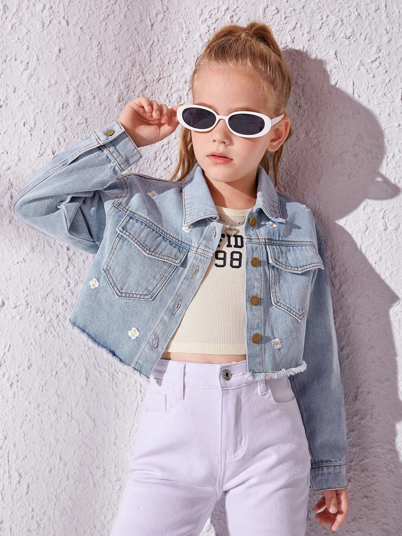 Chica preadolescente Cazadora mezclilla con bordado floral con bolsillo ...