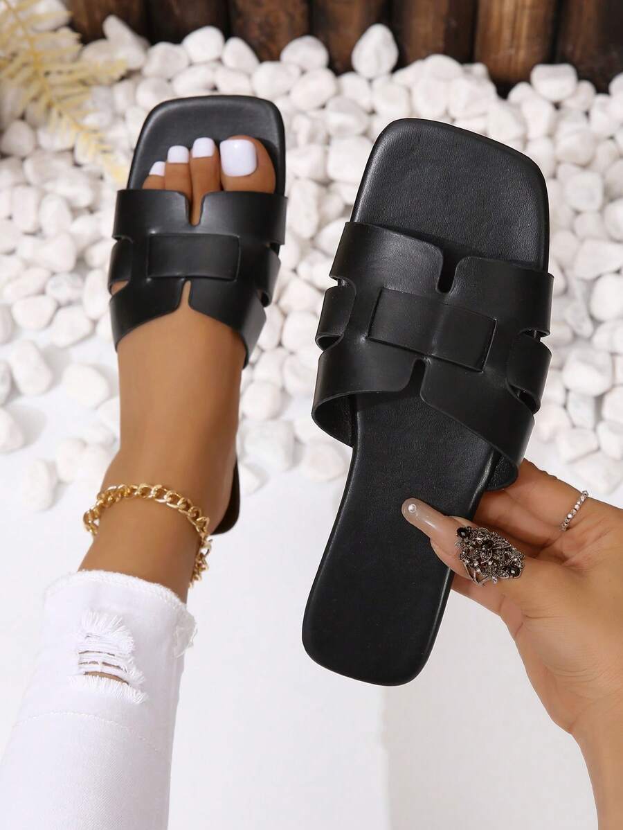Ladies' Simple Style Solid Color Flat Sandals With Straps For Summer ...