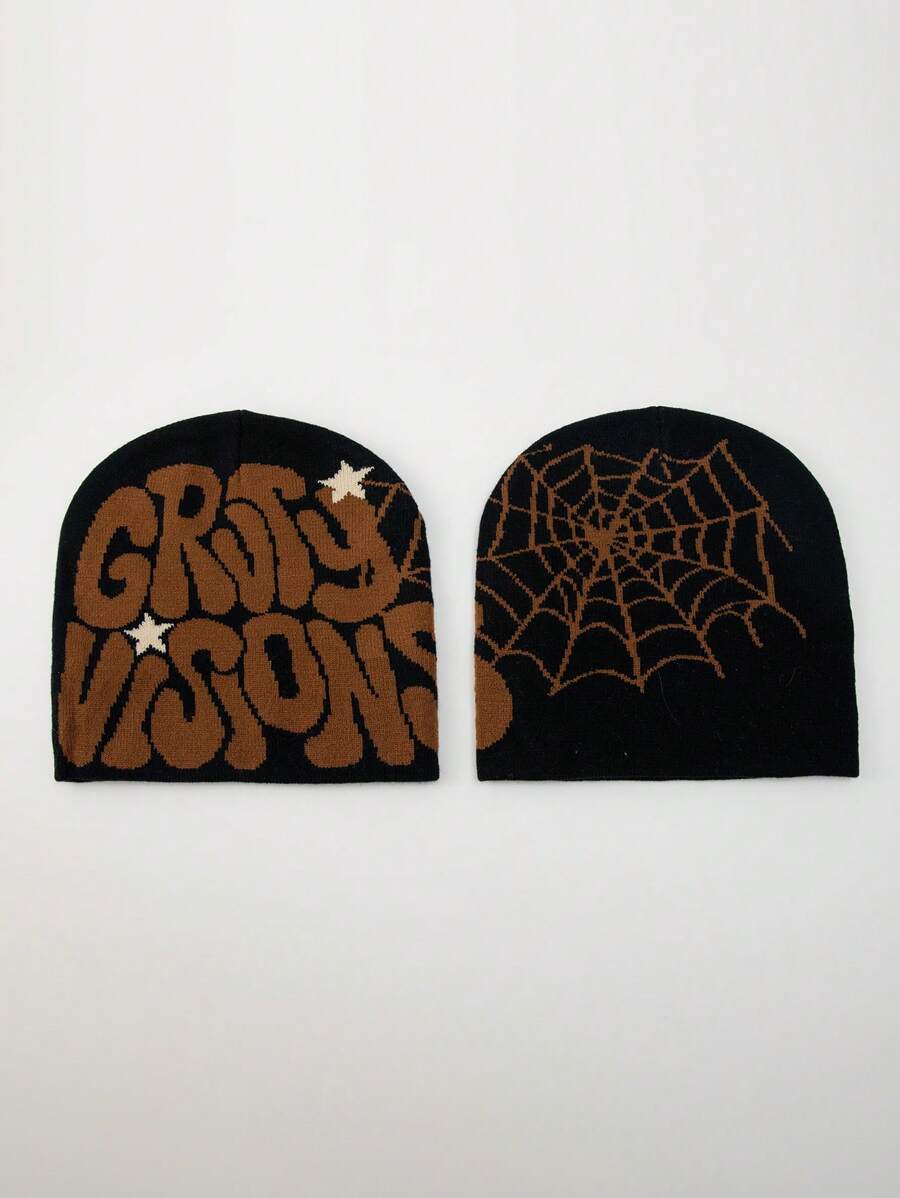 1pc Street Style Knitted Beanie With Letter, Spider Web Pattern And ...