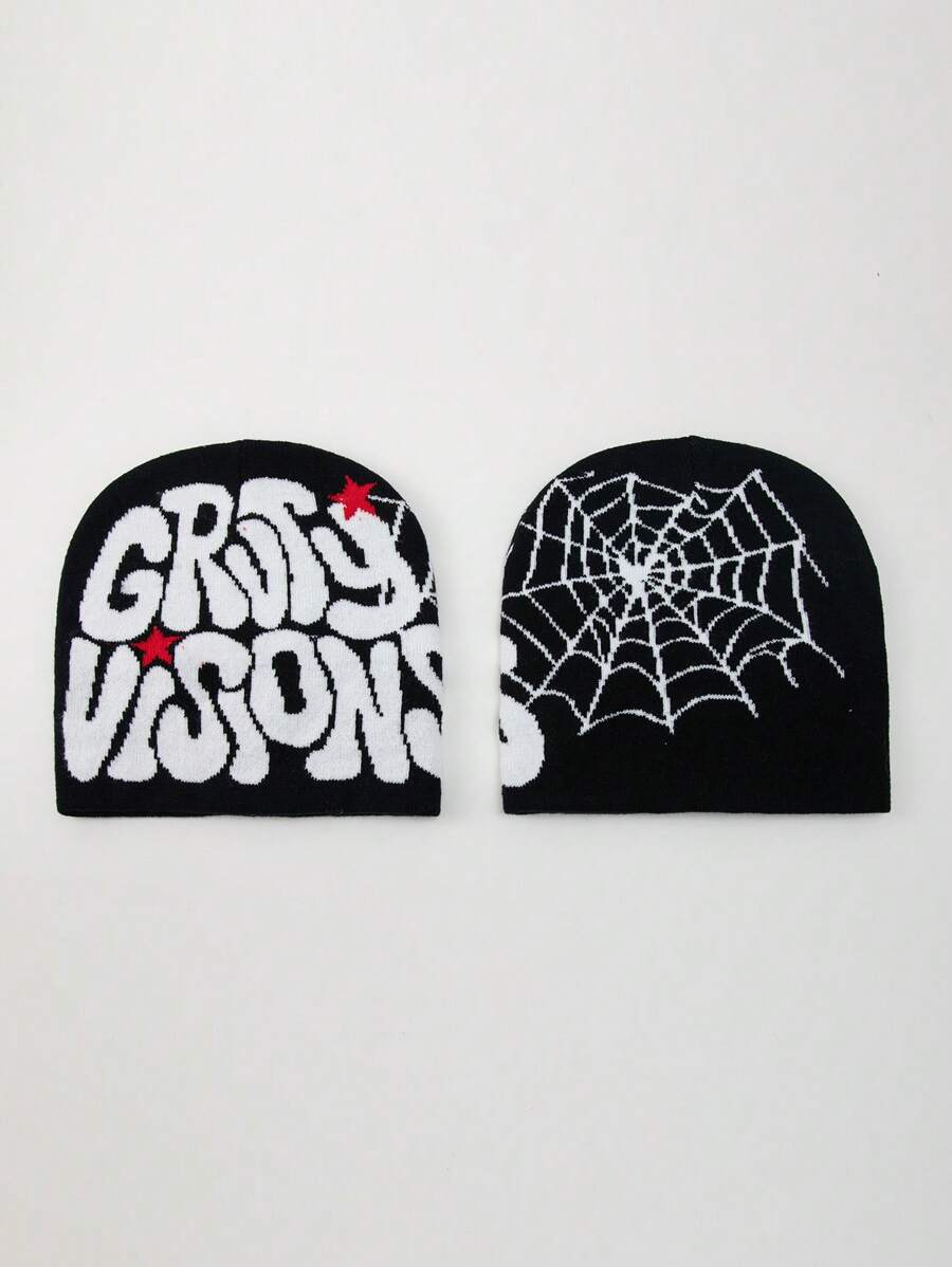 1pc Street-style Unisex Knitted Beanie Hat With Spider Web & Letter ...