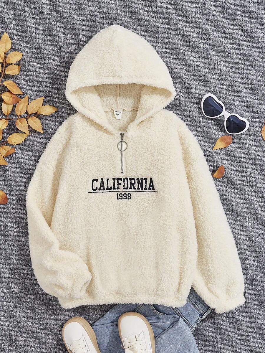SHEIN Tween Girl Letter Embroidery Half Zip Teddy Hoodie | SHEIN USA