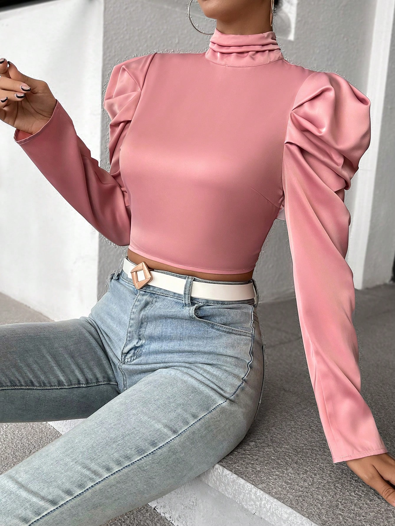 Shein Privé Mock Neck Gigot Sleeve Ruffle Trim Tie Backless Crop Blouse