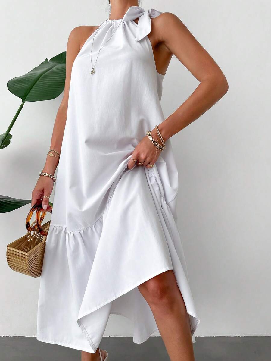 RueChic Solid Ruffle Hem Halter Dress | SHEIN USA