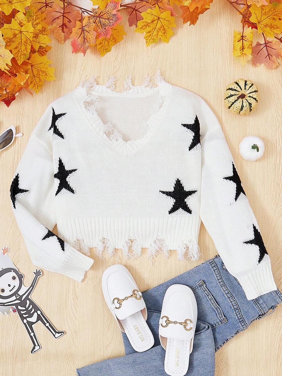 SHEIN Tween Girl's V-neck Long-sleeved Jacquard Sweater With Star ...