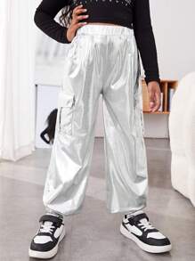 Tween meisje Schuine zak Kant Cargo Metallic Broeken | SHEIN Nederland