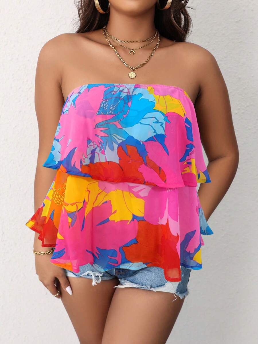 SHEIN Holidaya Plus Floral Print Ruffle Trim Tube Top | SHEIN South Africa
