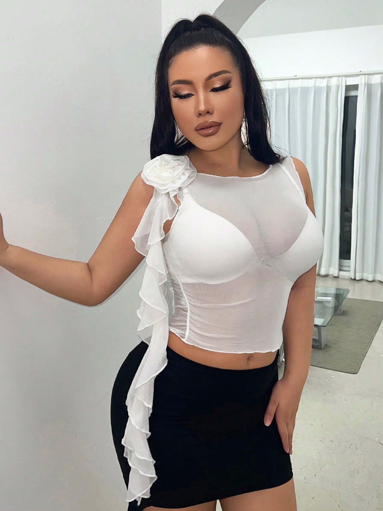 Shein Sxy 3d Rosette Mesh Tank Top Without Bra Shein Usa