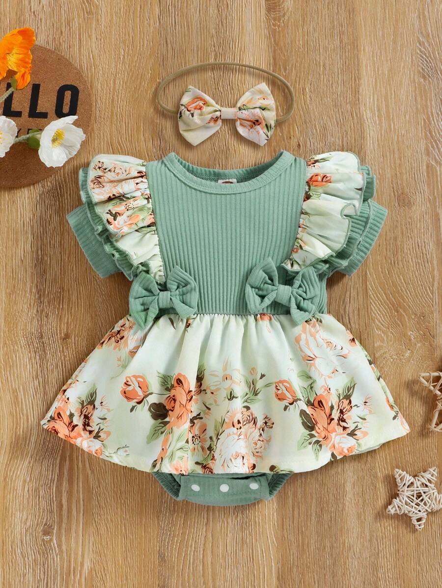 Baby Girl Floral Print Ruffle Trim Bow Front Combo Bodysuit Dress With ...