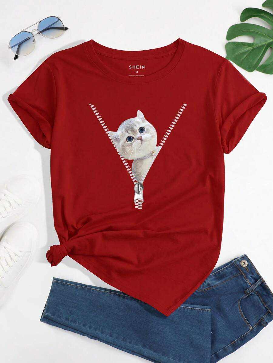 INAWLY Cat Print Tee | SHEIN USA