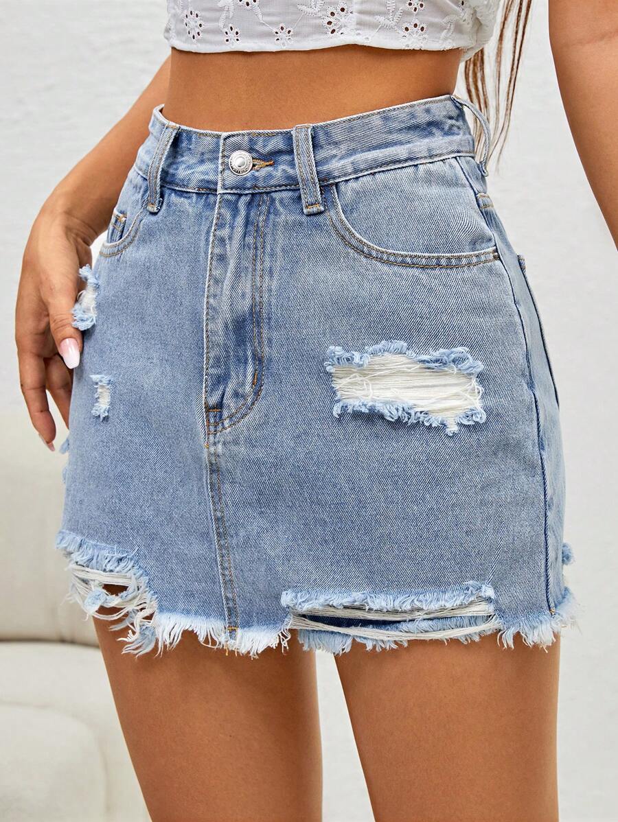 SHEIN ICON Ripped Raw Hem Denim Skort | SHEIN USA