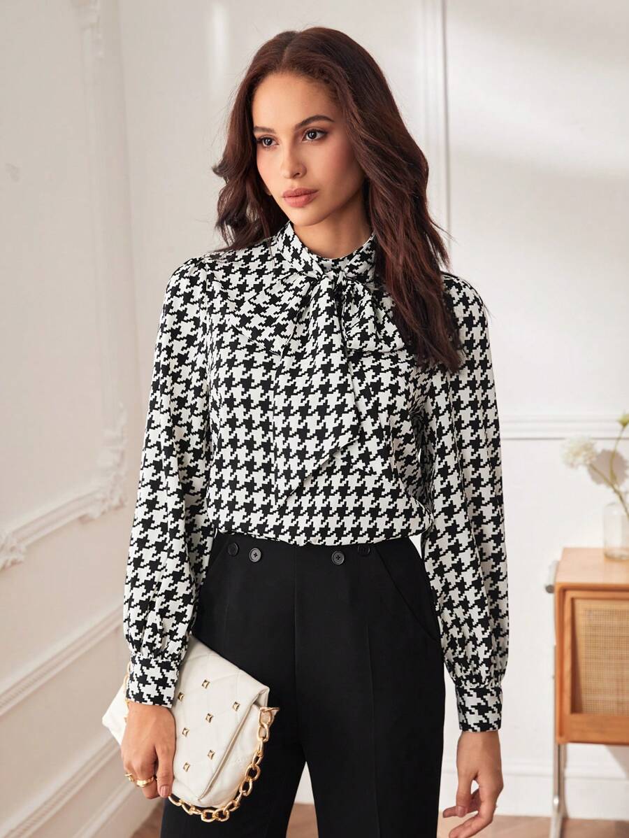 BizChic Women's Black & White Houndstooth Print Bow Tie Shirt, Elegant Long Sleeve Blouse ...