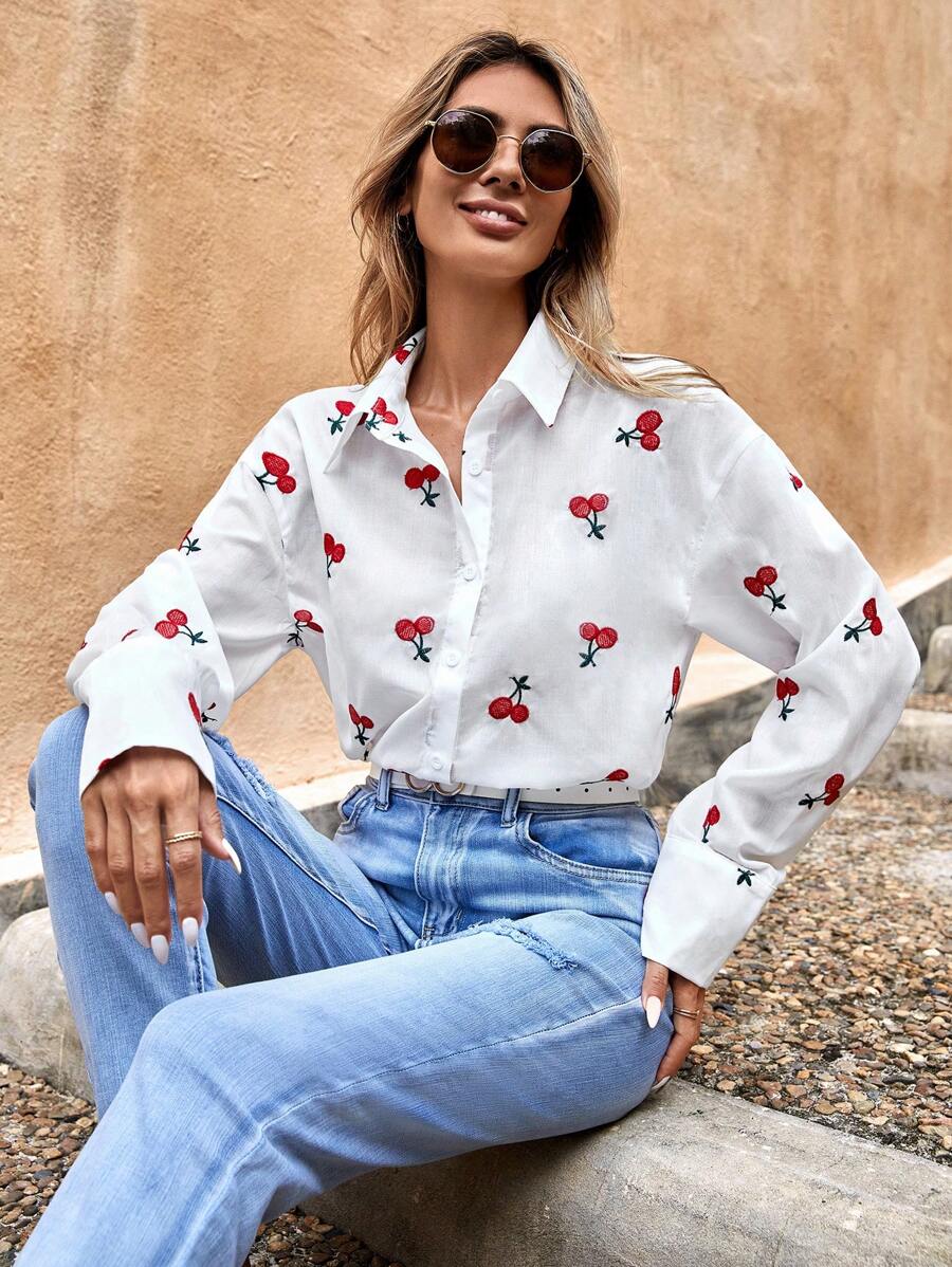 SHEIN Frenchy Cherry Embroidery Drop Shoulder Button Front Shirt ...