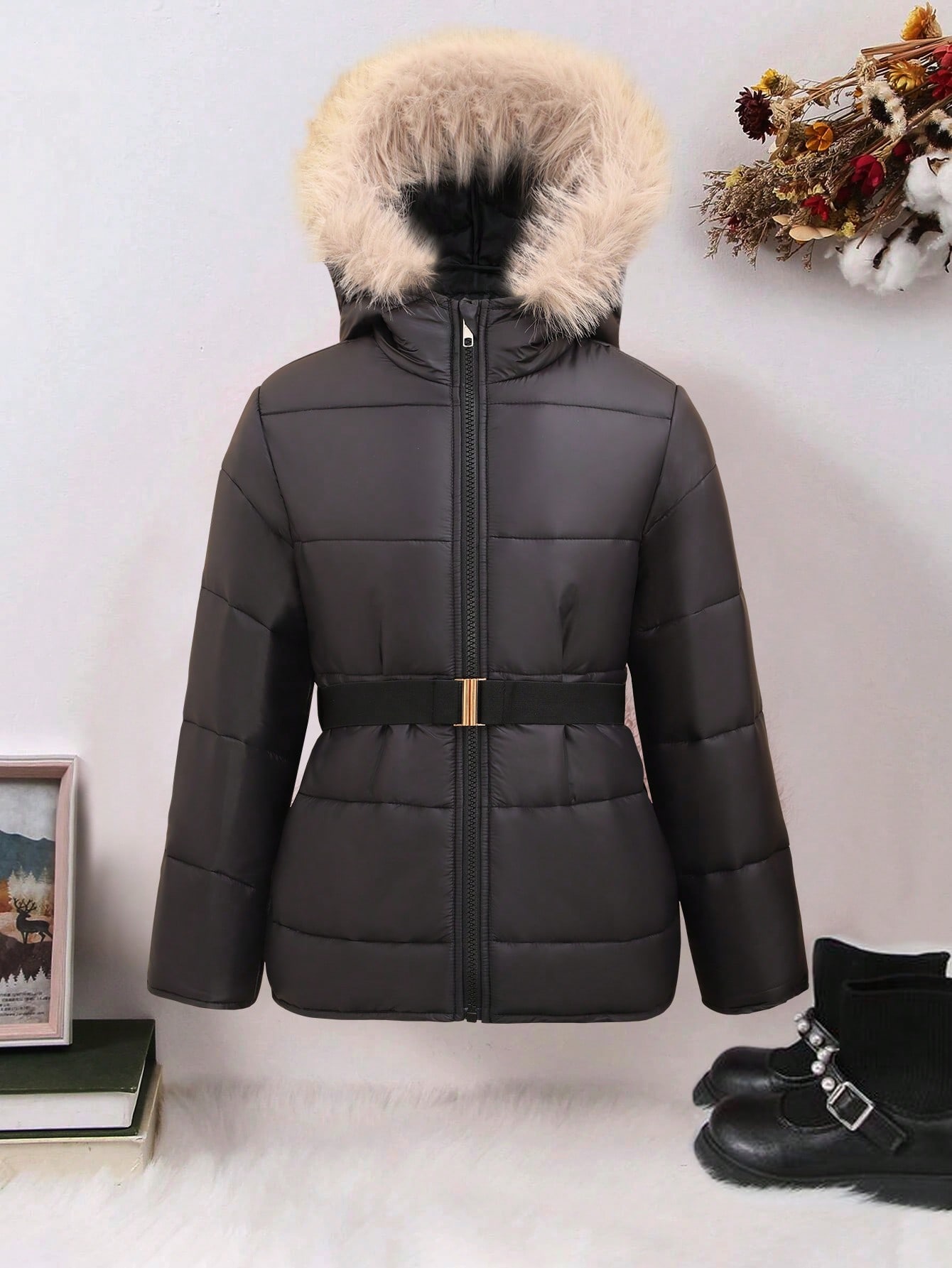 Tween Girl Fuzzy Trim Hooded Belted Puffer Coat | SHEIN UK