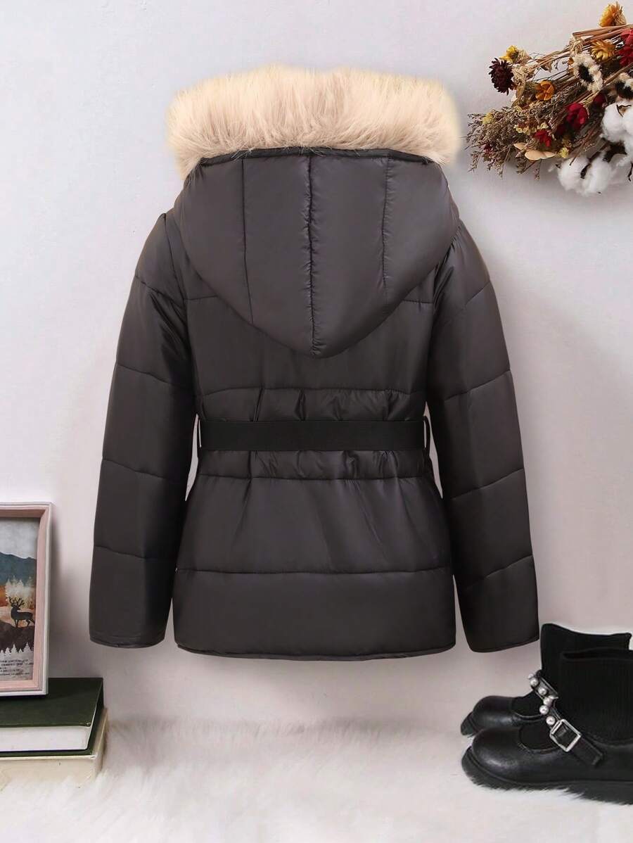 SHEIN Tween Girl Fuzzy Trim Hooded Belted Padded Coat | SHEIN USA