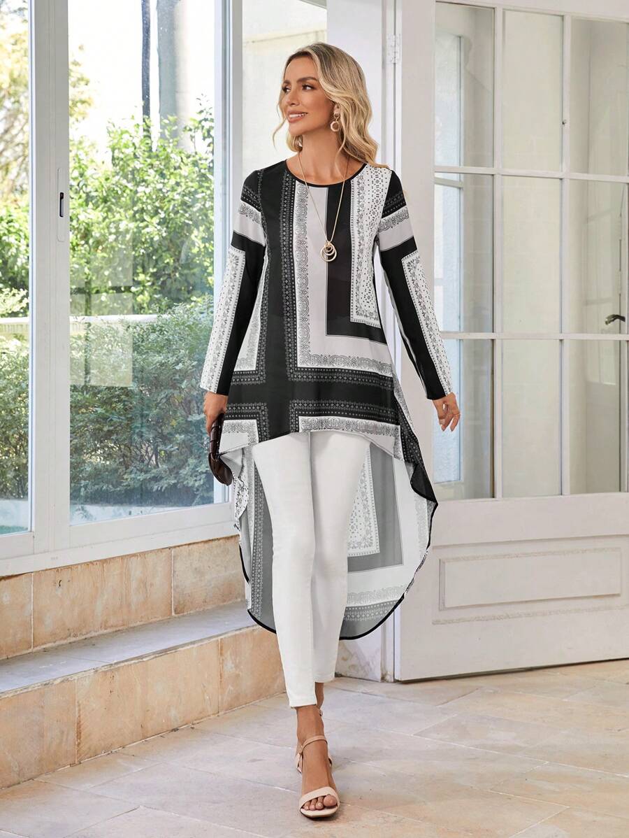 EMERY ROSE Scarf Print High Low Hem Blouse | SHEIN USA