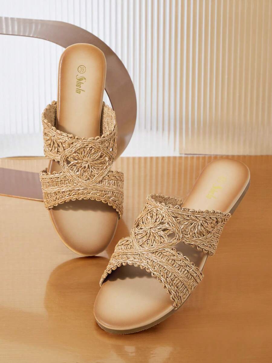 Shein Vcay Women Braided Detail Slide Sandals Vacation Brown Straw Flat Sandals For Summer