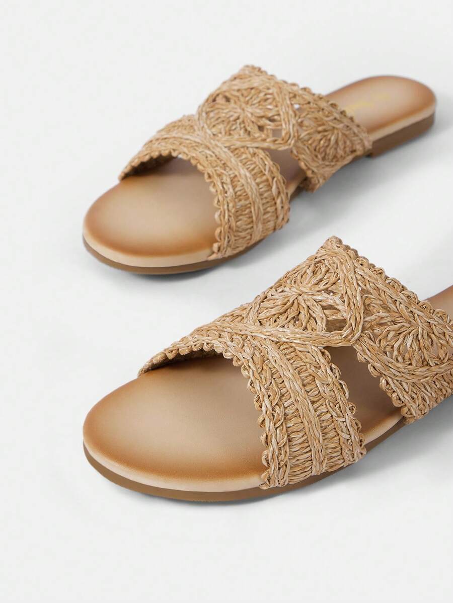 Shein Vcay Women Braided Detail Slide Sandals Vacation Brown Straw Flat Sandals For Summer