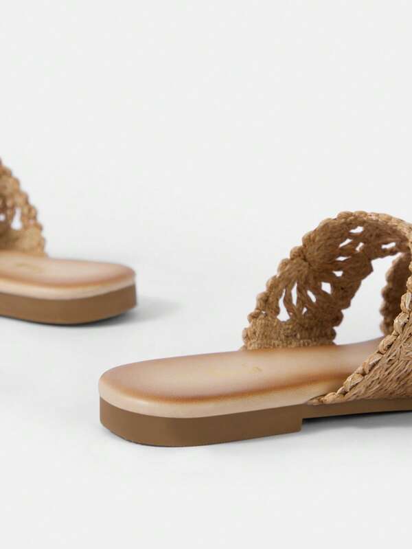 Shein Vcay Women Braided Detail Slide Sandals Vacation Brown Straw Flat Sandals For Summer