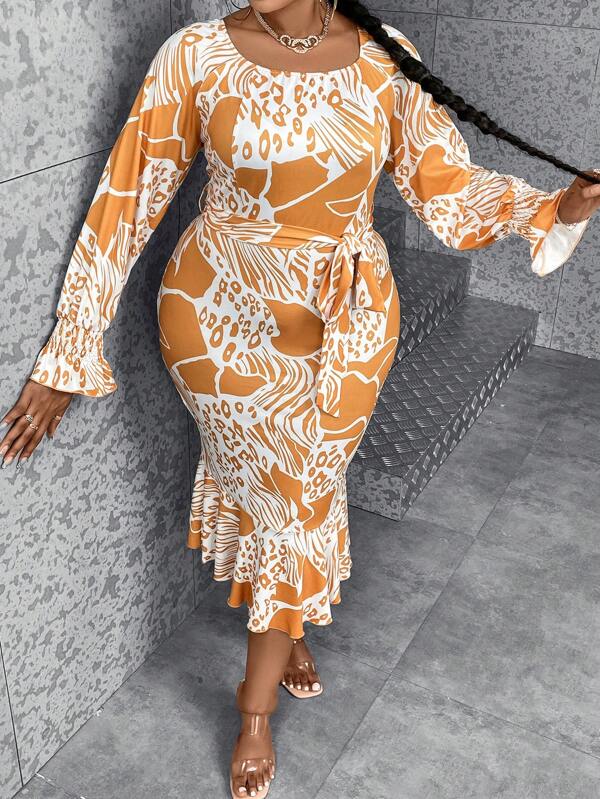 SHEIN Slayr Plus Allover Print Flounce Sleeve Ruffle Hem Belted Dress | SHEIN USA