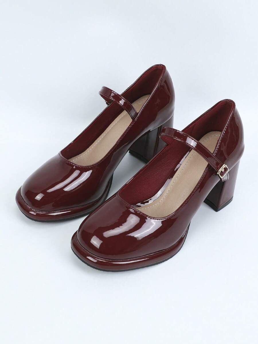 Fashion Burgundy Pumps For Women, Minimalist Chunky Heeled Mary Jane ...
