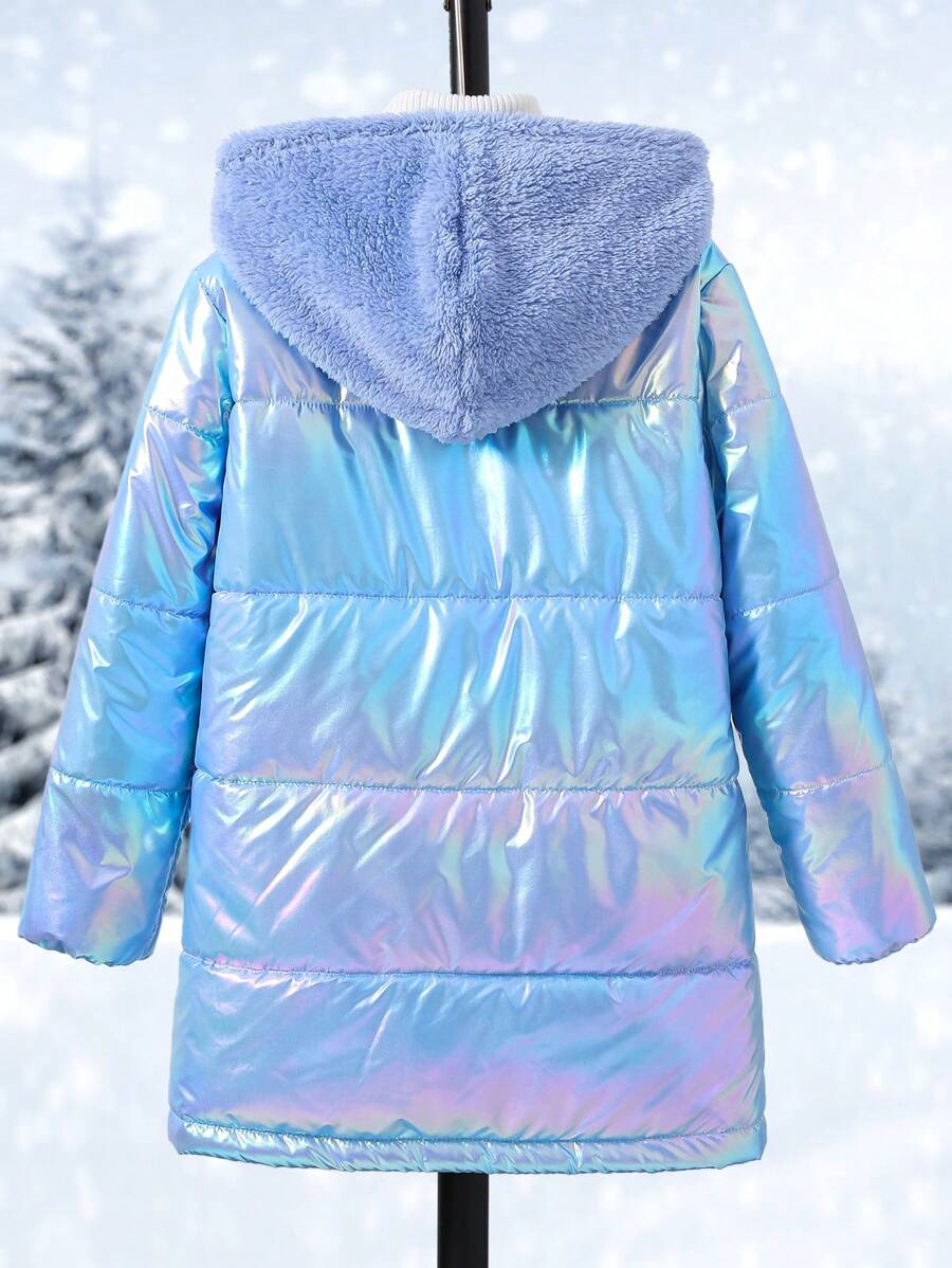 SHEIN Tween Girl Holographic Dual Pocket Hooded Puffer Coat Without ...