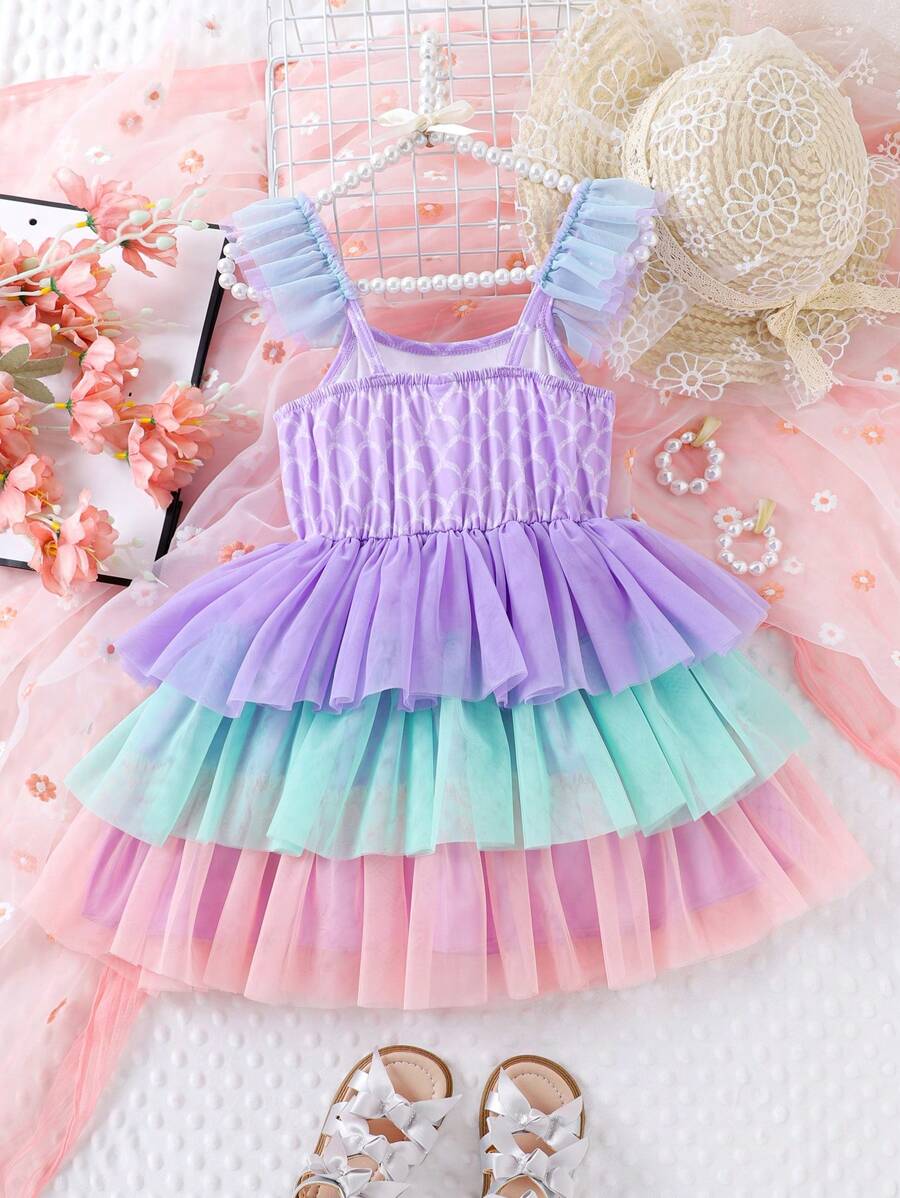 SHEIN Young Girl Color Block Mesh Beach Vacation Cute Printed Dress ...