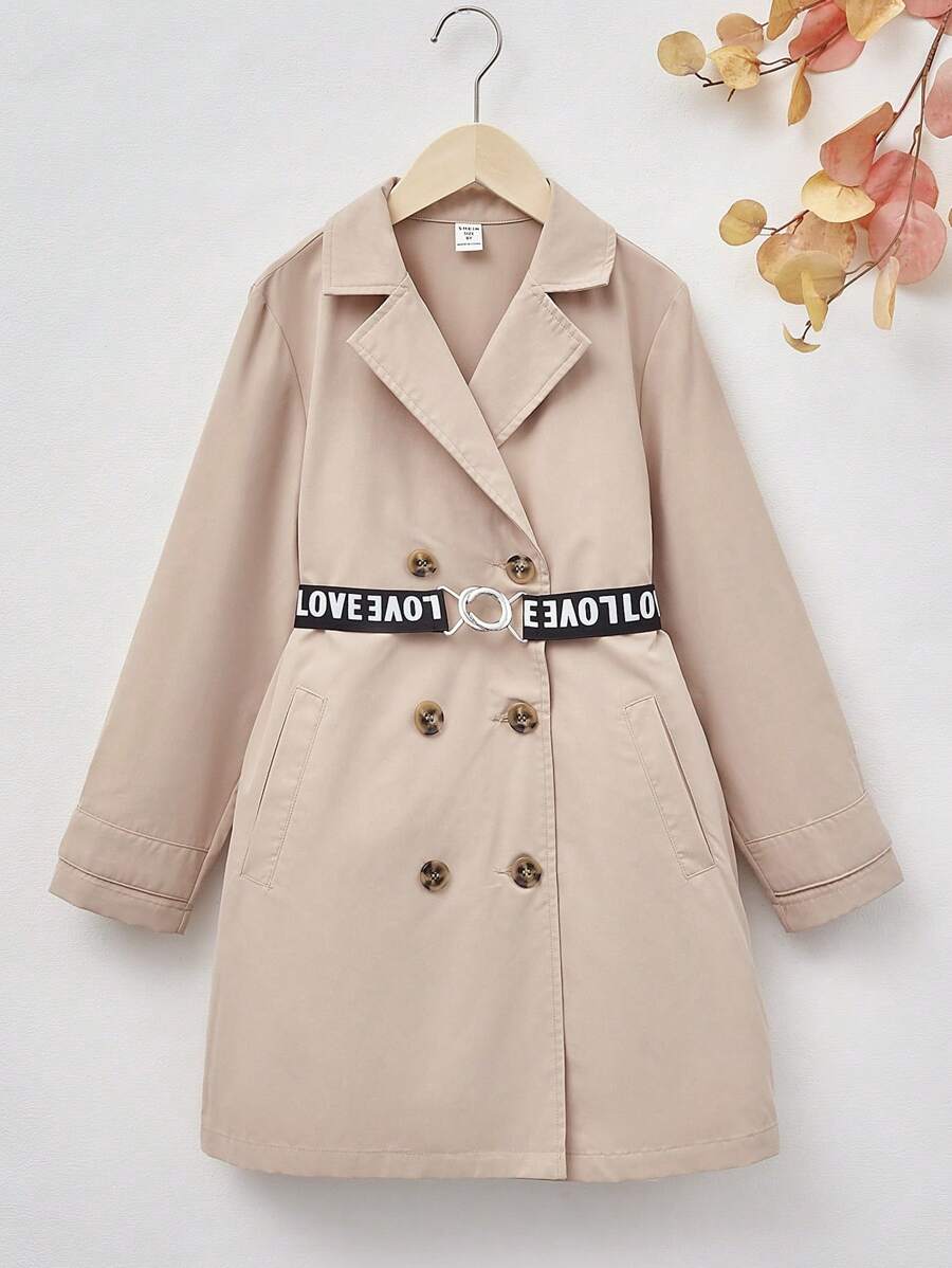 SHEIN Tween Girl Double Breasted Letter Taped Trench Coat | SHEIN USA