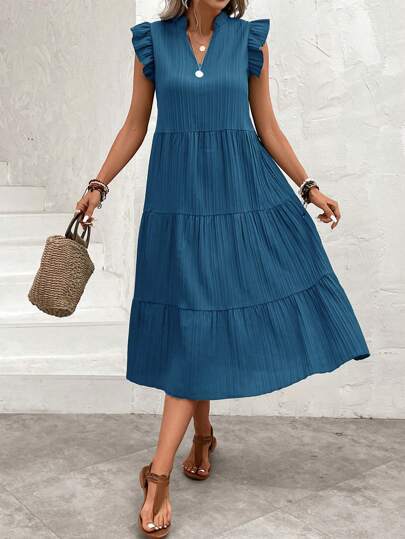SHEIN LUNE Notched Neckline Ruffle Hem Smock Dress | SHEIN USA