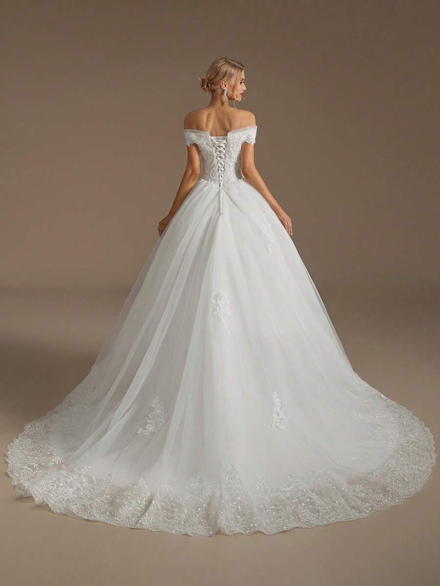 Floral Embroidery Off Shoulder Mesh Overlay Wedding Dress Shein Usa