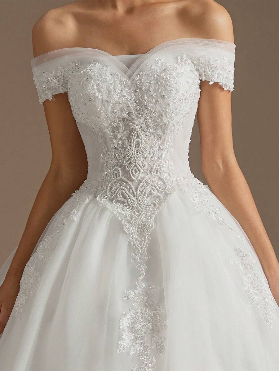 Floral Embroidery Off Shoulder Mesh Overlay Wedding Dress Shein Usa
