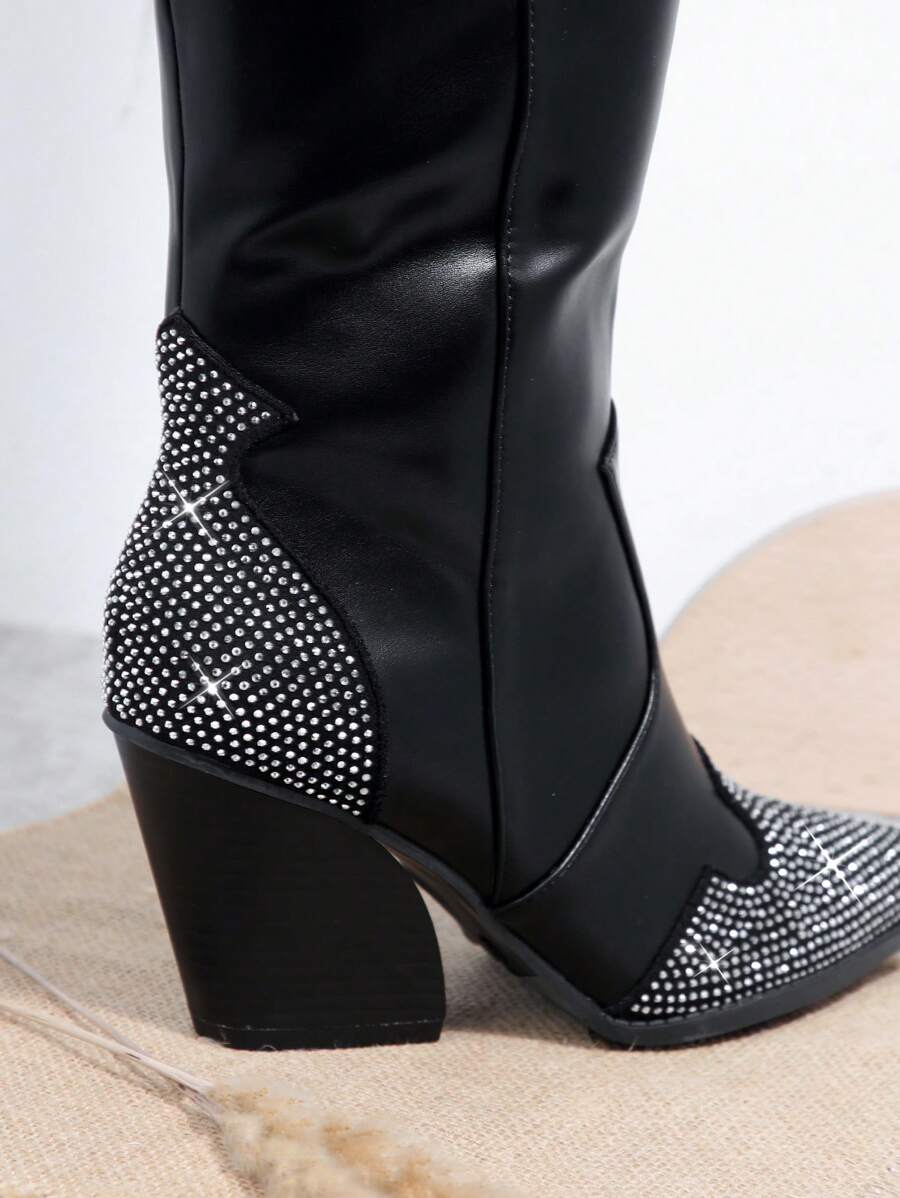 SHUZIA Women Shoes Pointy Toe Chunky Heel Rhinestone Decor Side Zipper ...