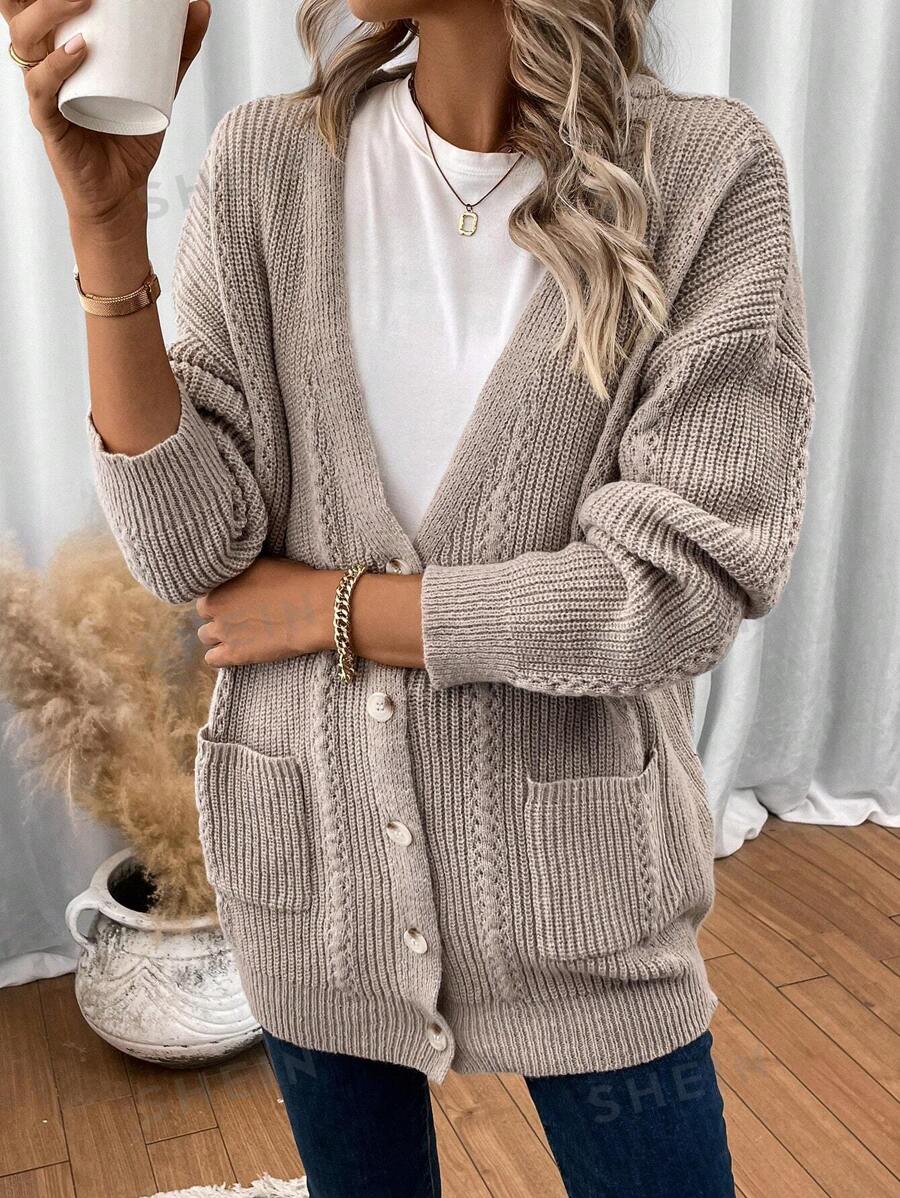 SHEIN Essnce Dual Pocket Drop Shoulder Cable Knit Cardigan | SHEIN UK