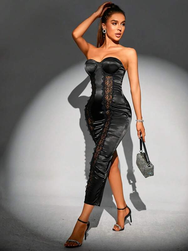 Shein Bae Renda De Contraste Bustiê Cetim Tube Bodycon Vestido Shein