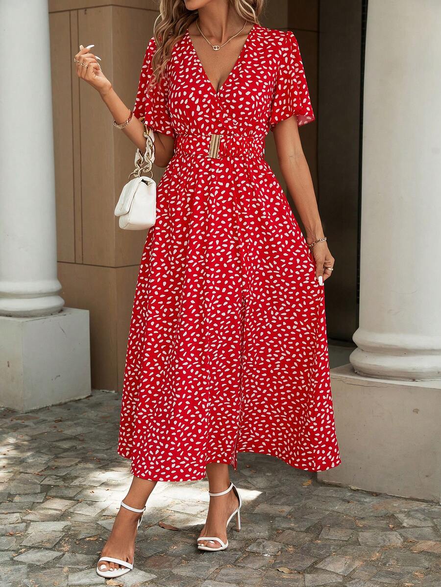 Shein Lune Allover Print Butterfly Sleeve Split Thigh Dress Shein Usa