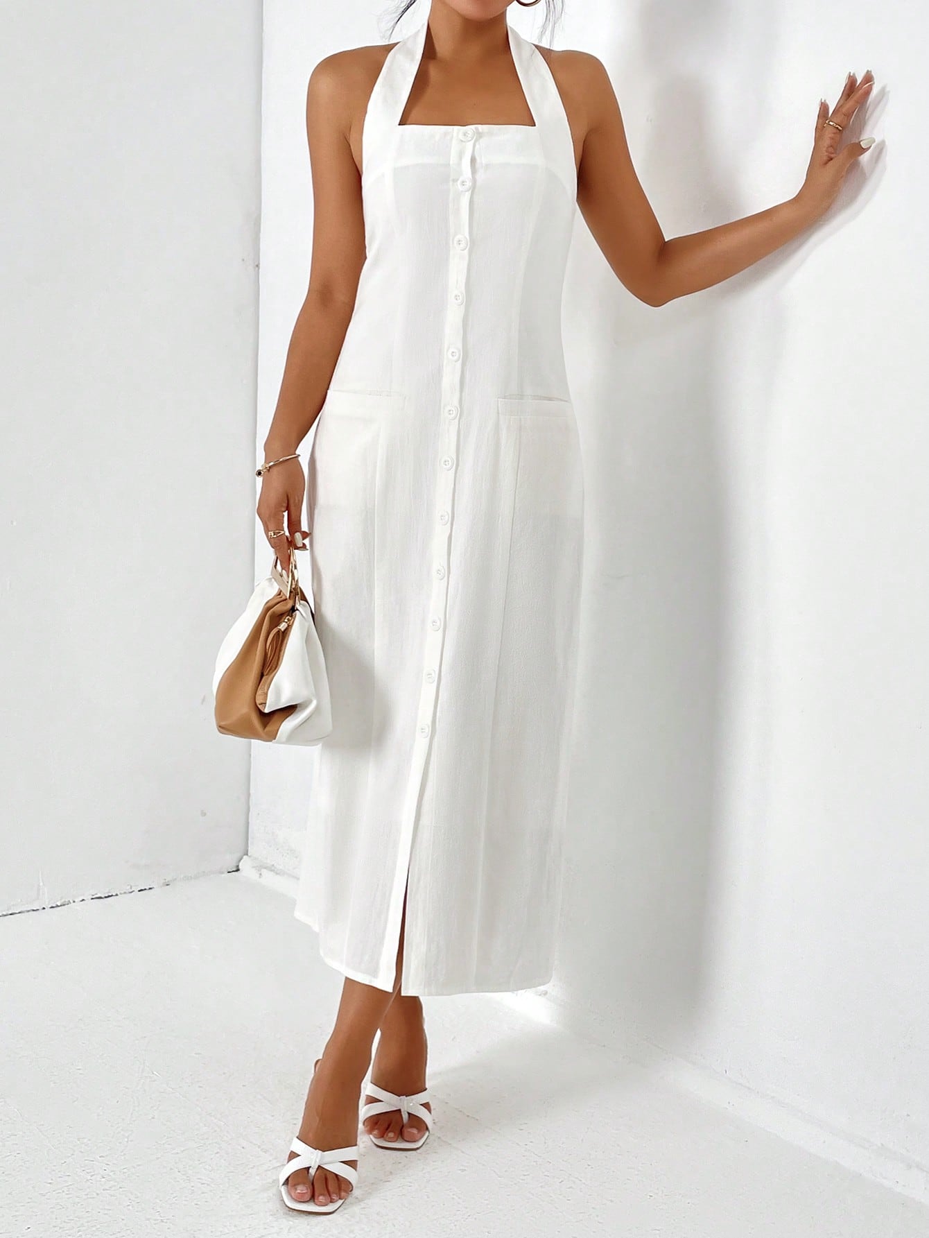 SHEIN Essnce Button Front Halter Neck Backless Dress | SHEIN UK