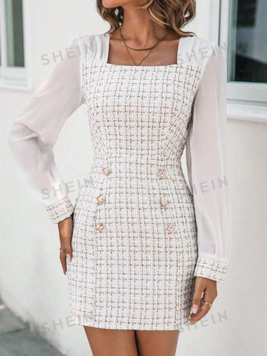 SHEIN Privé Plaid Pattern Square Neck Fake Button Dress | SHEIN USA