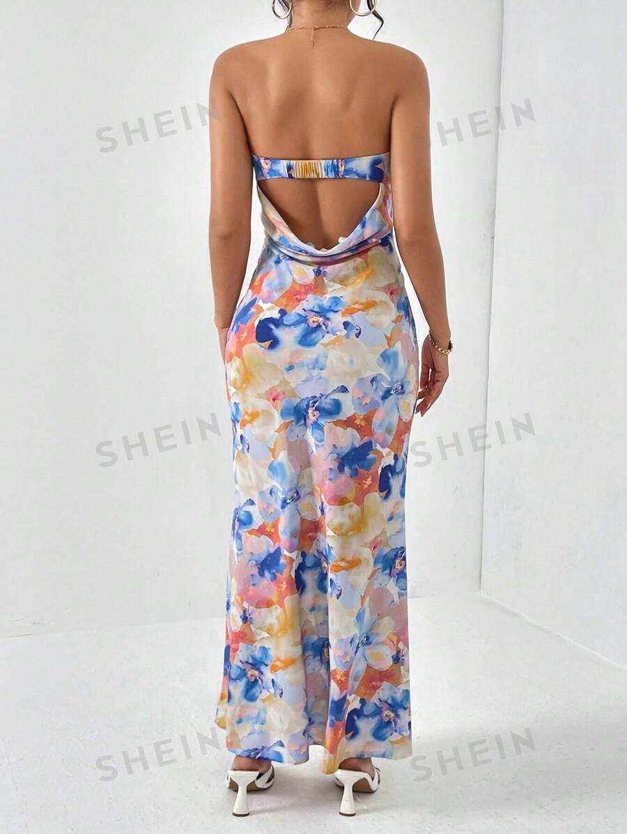SHEIN Privé Spring Break Floral Print Draped Backless Tube Long Summer ...