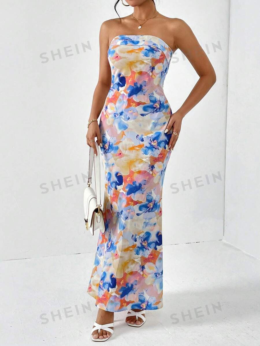 SHEIN Privé Spring Break Floral Print Draped Backless Tube Long Summer ...