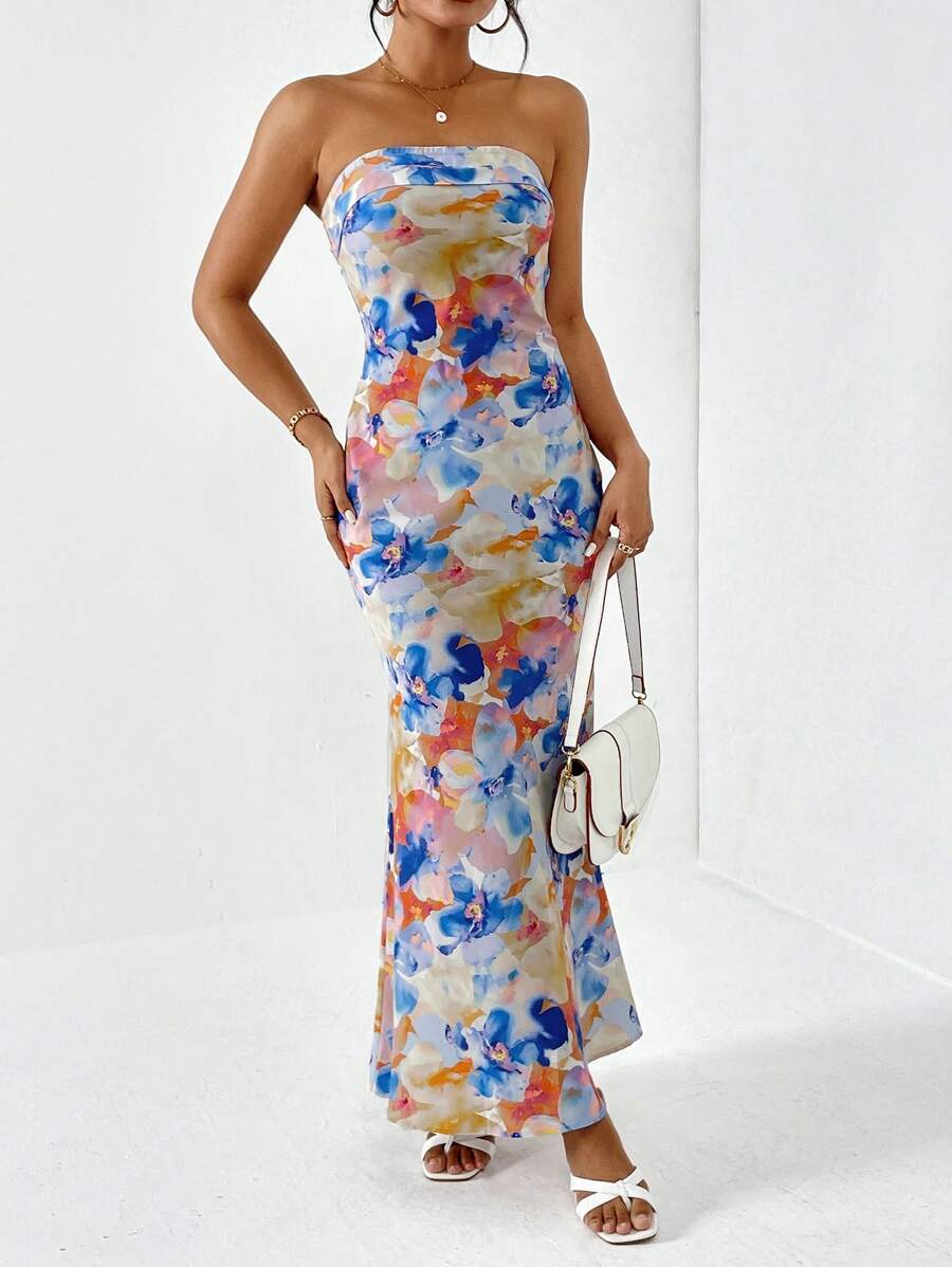 SHEIN Privé Spring Break Floral Print Draped Backless Tube Long Summer ...