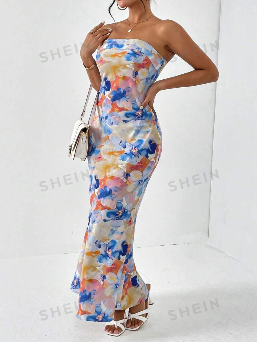 SHEIN Privé Spring Break Floral Print Draped Backless Tube Long Summer ...