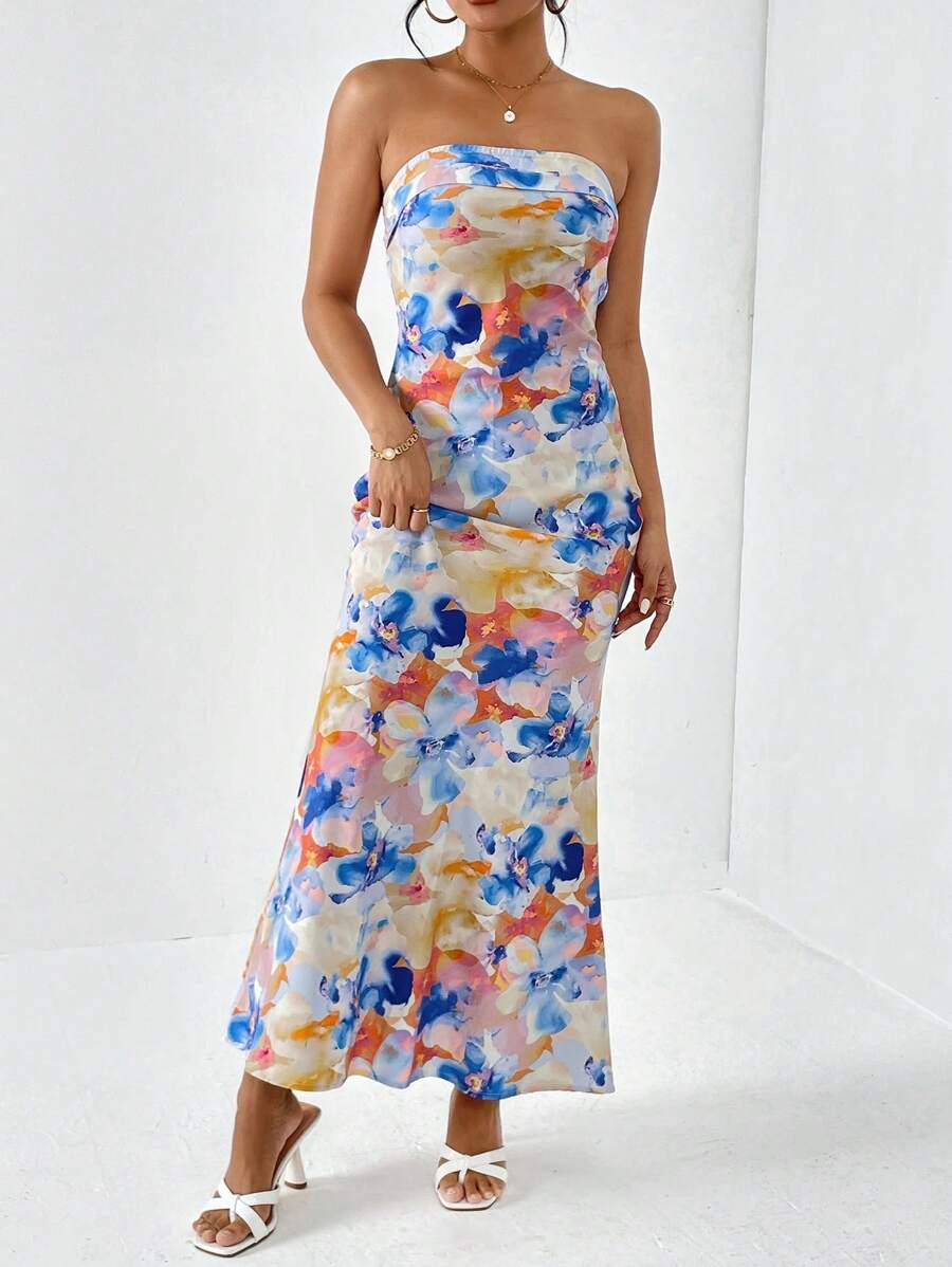SHEIN Privé Spring Break Floral Print Draped Backless Tube Long Summer ...