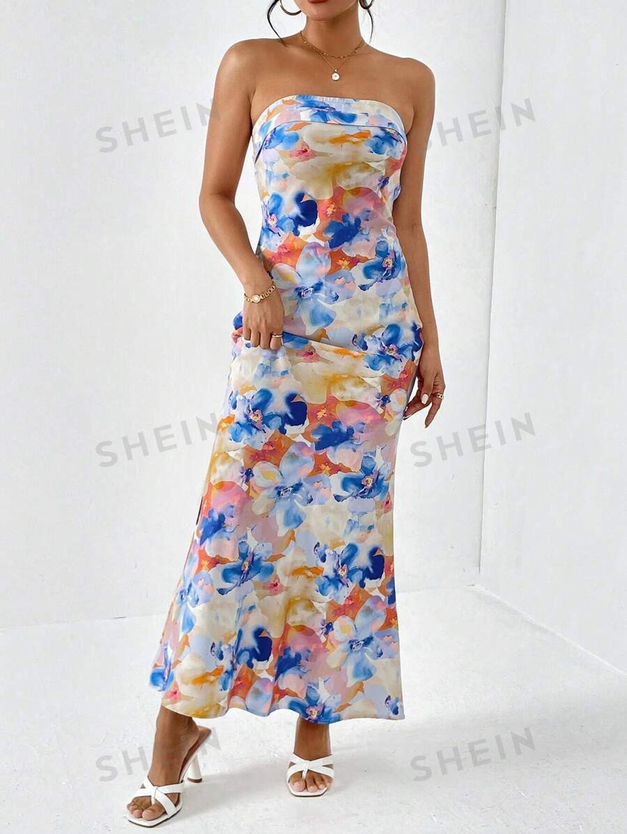 SHEIN Privé Spring Break Floral Print Draped Backless Tube Long Summer ...