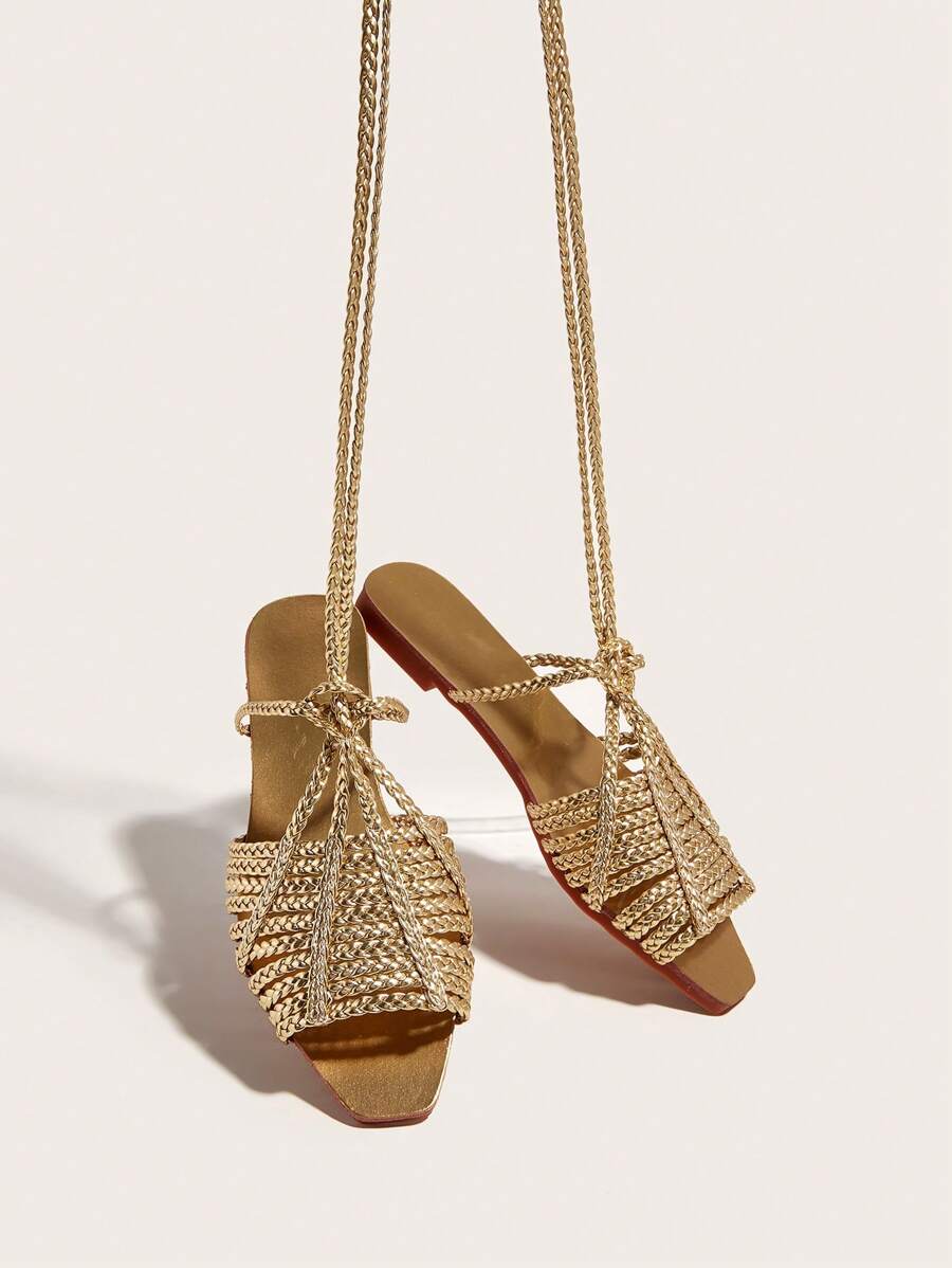 Women's Gold Braided Strap Flat Sandals With Random Texture, Women's ...