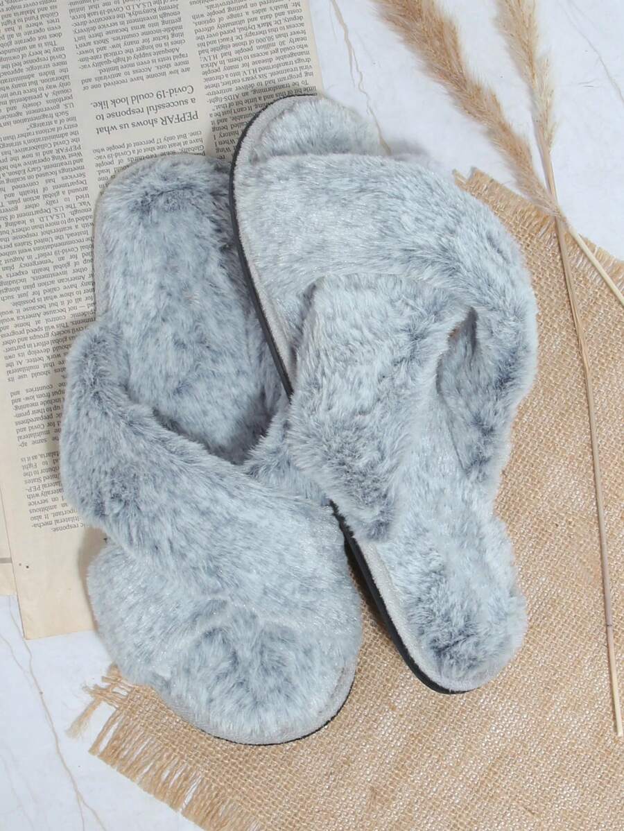SHUZIA Fuzzy Crisscross Vamp Slippers | SHEIN UK