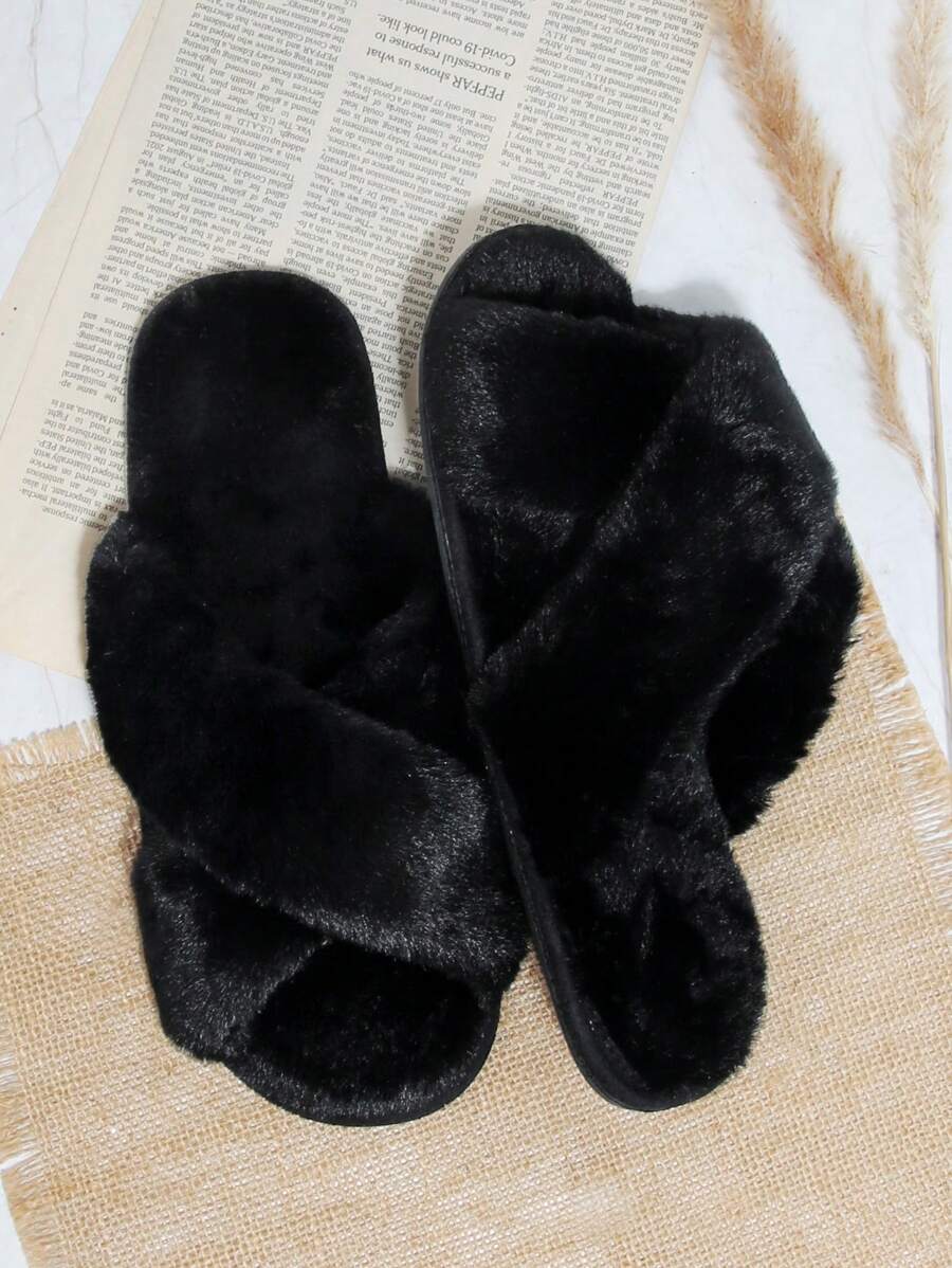Fuzzy Crisscross Vamp Slippers | SHEIN UK