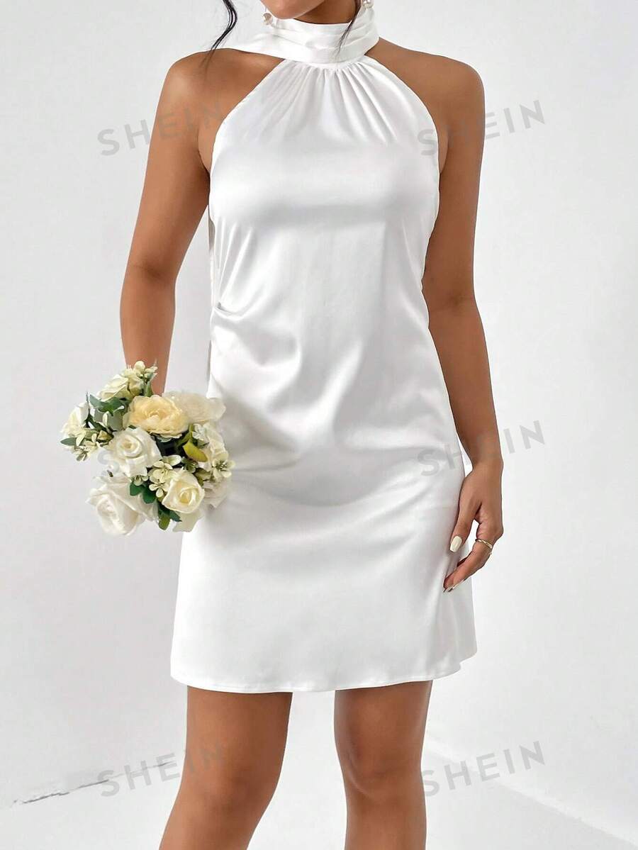 SHEIN Privé Solid Draped Backless Satin Dress Open Back Dress | SHEIN UK