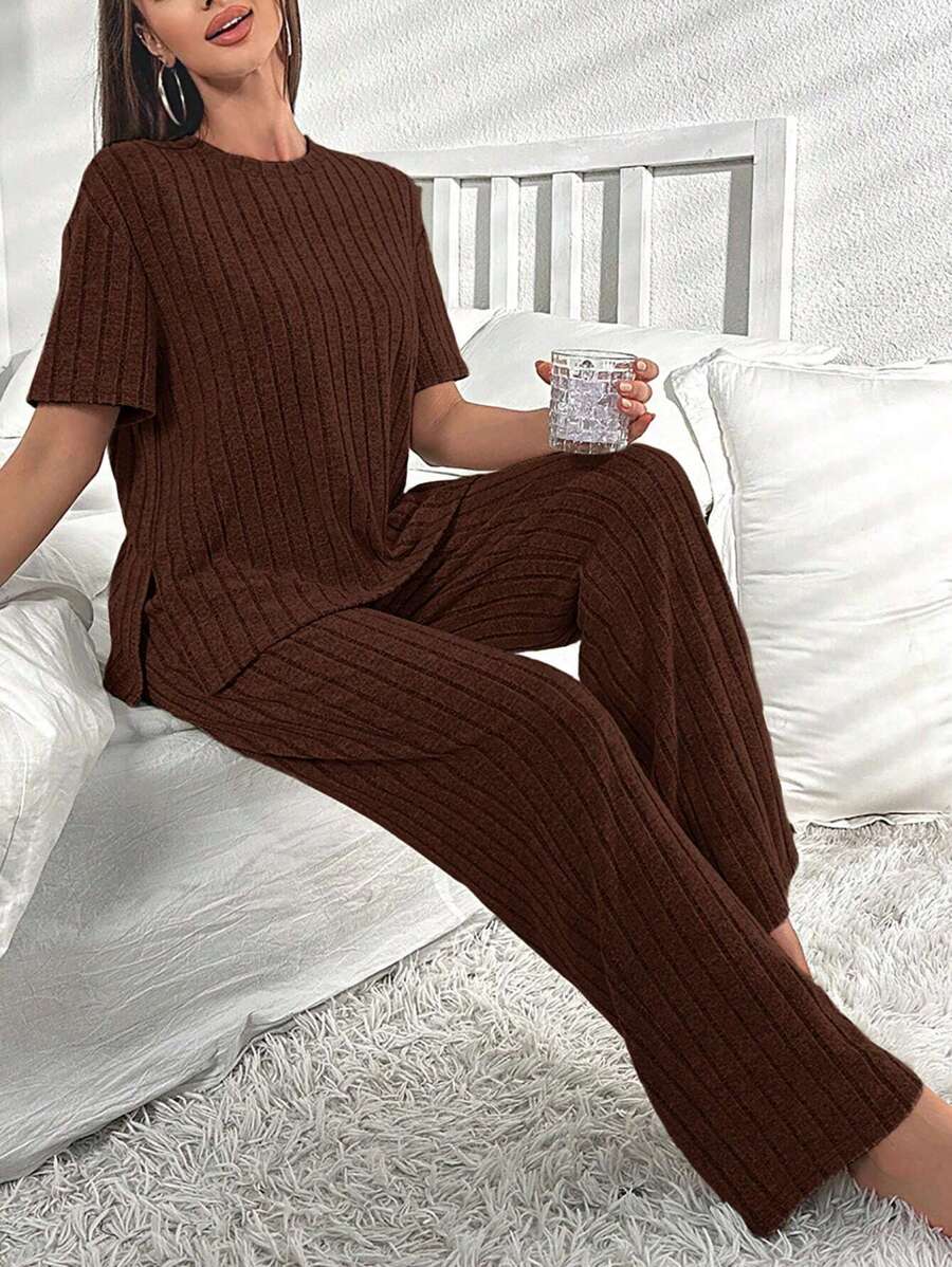 Solid Split Hem Lounge Set Outfit | SHEIN